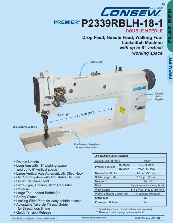 Consew Premier P2339RBLH‑18 Double‑Needle Walking‑Foot Industrial Lock